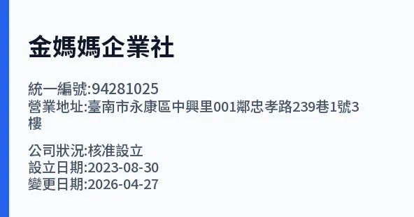 金媽媽企業社的照片-統編 94281025(臺南市) 公司登記資料與營業項目詳細圖表