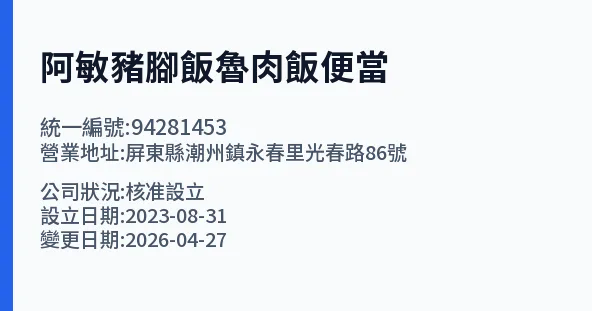 阿敏豬腳飯魯肉飯便當的照片-統編 94281453(屏東縣) 公司登記資料與營業項目詳細圖表
