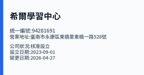 希爾學習中心的照片-統編 94281691(臺南市) 公司登記資料與營業項目詳細圖表