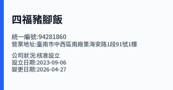 四福豬腳飯的照片-統編 94281860(臺南市) 公司登記資料與營業項目詳細圖表