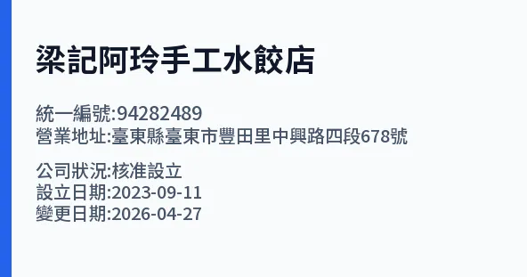 梁記阿玲手工水餃店的照片-統編 94282489(臺東縣) 公司登記資料與營業項目詳細圖表