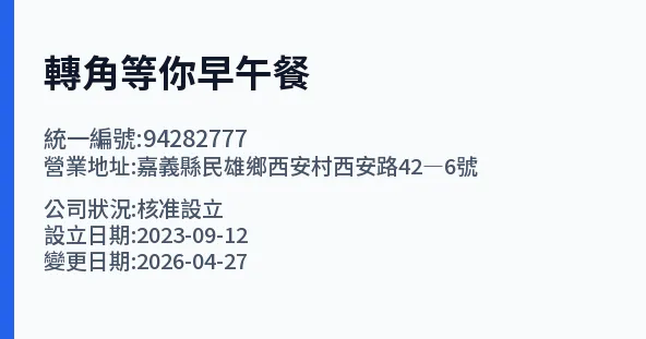 轉角等你早午餐的照片-統編 94282777(嘉義縣) 公司登記資料與營業項目詳細圖表