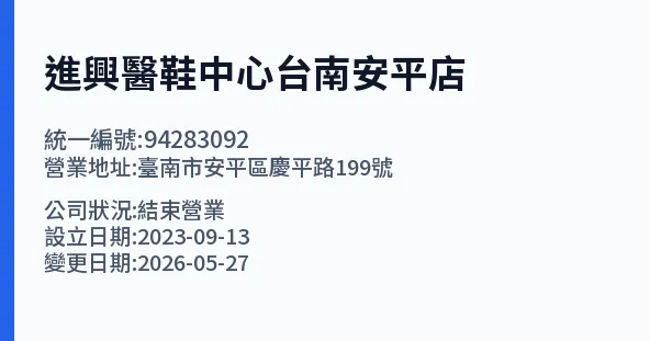 進興醫鞋中心台南安平店的照片-統編 94283092(臺南市) 公司登記資料與營業項目詳細圖表