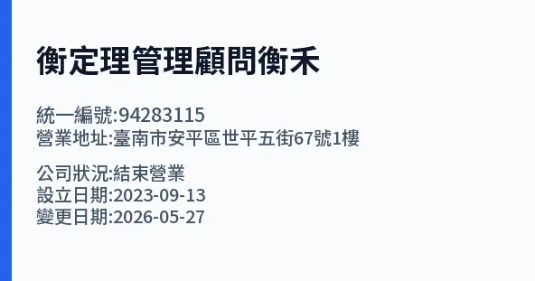 衡定理管理顧問衡禾的照片-統編 94283115(臺南市) 公司登記資料與營業項目詳細圖表