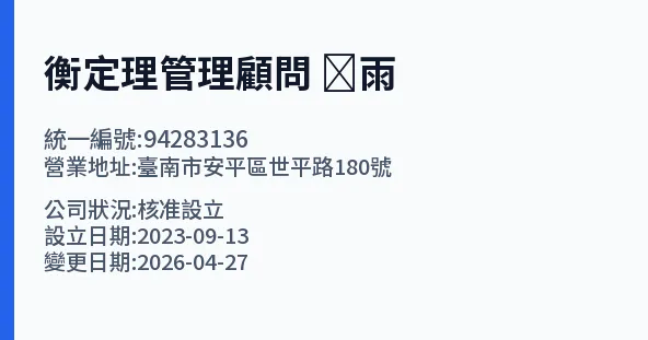 衡定理管理顧問 畃雨的照片-統編 94283136(臺南市) 公司登記資料與營業項目詳細圖表