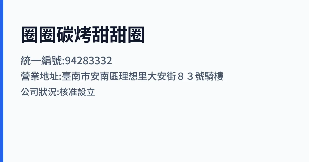 圈圈碳烤甜甜圈 - 統編 94283332(臺南市) 公司登記資料與營業項目詳細圖表