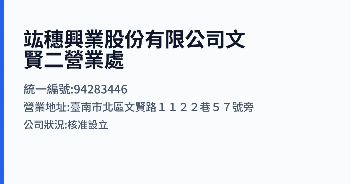 竑穗興業股份有限公司文賢二營業處 - 統編 94283446(臺南市) 公司登記資料與營業項目詳細圖表