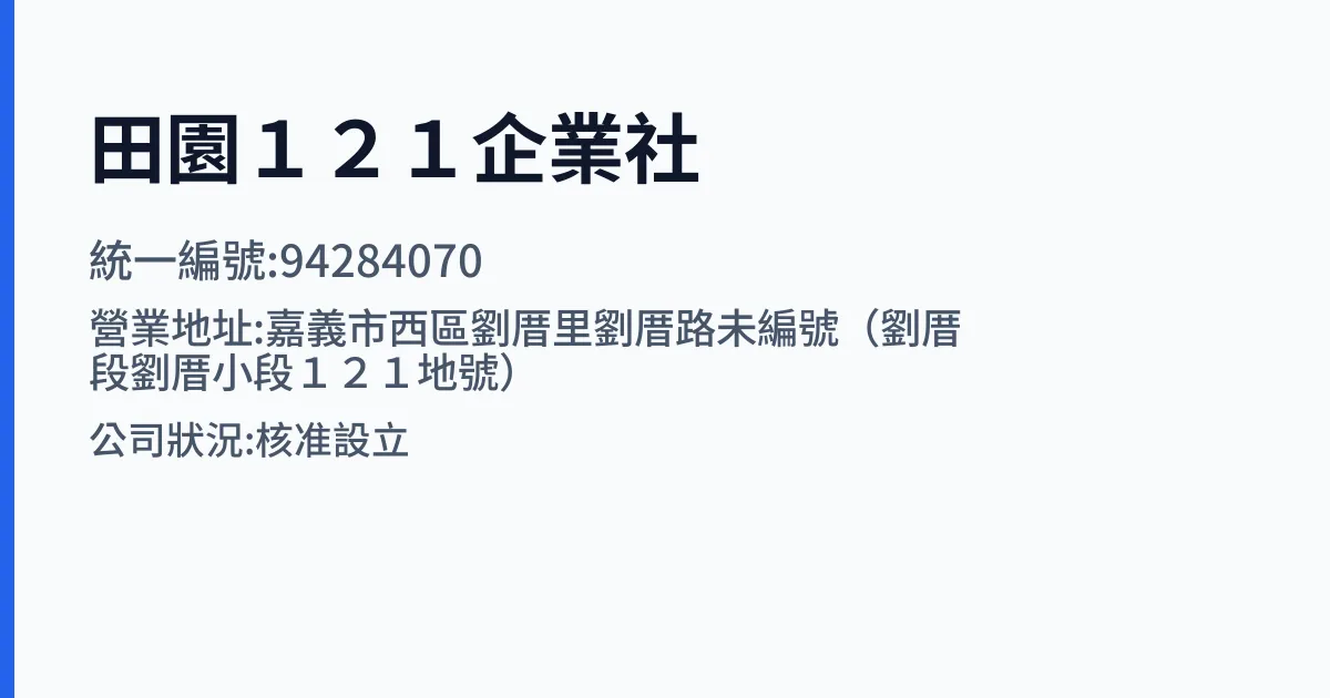 田園１２１企業社 - 統編 94284070(嘉義市) 公司登記資料與營業項目詳細圖表