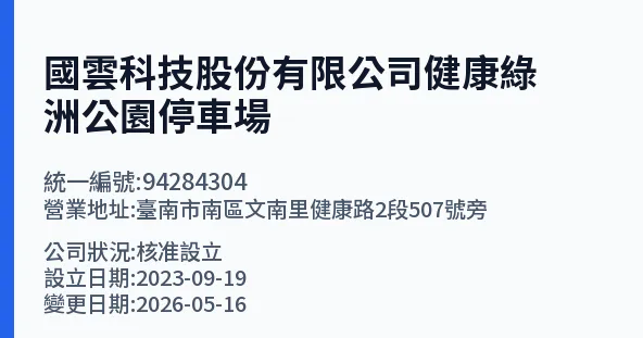 國雲科技股份有限公司健康綠洲公園停車場的照片-統編 94284304(臺南市) 公司登記資料與營業項目詳細圖表