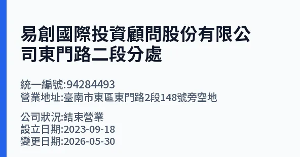 易創國際投資顧問股份有限公司東門路二段分處的照片-統編 94284493(臺南市) 公司登記資料與營業項目詳細圖表