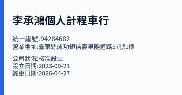 李承鴻個人計程車行的照片-統編 94284682(臺東縣) 公司登記資料與營業項目詳細圖表