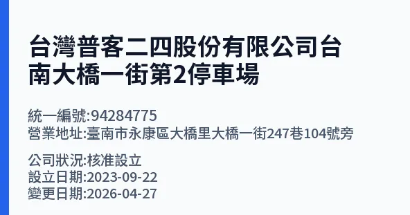 台灣普客二四股份有限公司台南大橋一街第2停車場的照片-統編 94284775(臺南市) 公司登記資料與營業項目詳細圖表