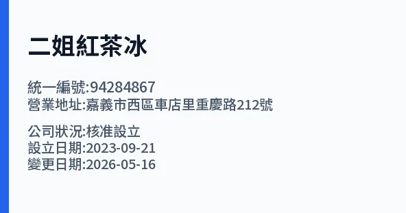 二姐紅茶冰的照片-統編 94284867(嘉義市) 公司登記資料與營業項目詳細圖表