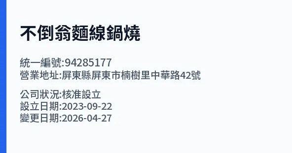 不倒翁麵線鍋燒的照片-統編 94285177(屏東縣) 公司登記資料與營業項目詳細圖表