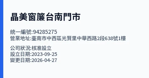 晶美窗簾台南門市的照片-統編 94285275(臺南市) 公司登記資料與營業項目詳細圖表