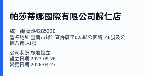 帕莎蒂娜國際有限公司歸仁店的照片-統編 94285330(臺南市) 公司登記資料與營業項目詳細圖表