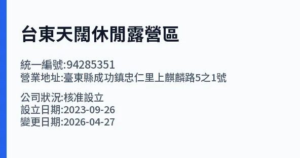 台東天闊休閒露營區的照片-統編 94285351(臺東縣) 公司登記資料與營業項目詳細圖表