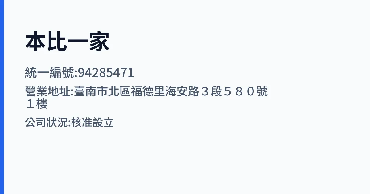 本比一家 - 統編 94285471(臺南市) 公司登記資料與營業項目詳細圖表