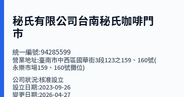秘氏有限公司台南秘氏咖啡門市的照片-統編 94285599(臺南市) 公司登記資料與營業項目詳細圖表