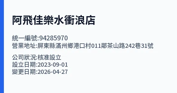 阿飛佳樂水衝浪店的照片-統編 94285970(屏東縣) 公司登記資料與營業項目詳細圖表