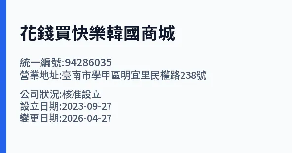 花錢買快樂韓國商城的照片-統編 94286035(臺南市) 公司登記資料與營業項目詳細圖表