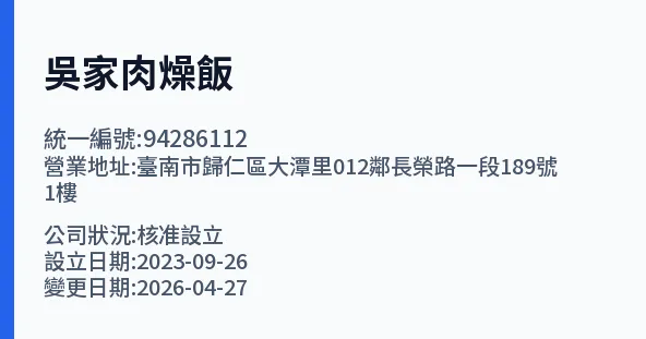 吳家肉燥飯的照片-統編 94286112(臺南市) 公司登記資料與營業項目詳細圖表