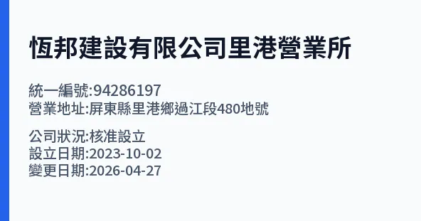 恆邦建設有限公司里港營業所的照片-統編 94286197(屏東縣) 公司登記資料與營業項目詳細圖表
