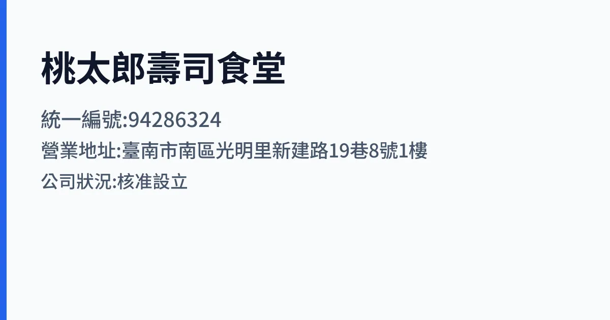 桃太郎壽司食堂 - 統編 94286324(臺南市) 公司登記資料與營業項目詳細圖表