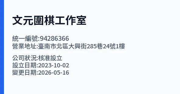 文元圍棋工作室的照片-統編 94286366(臺南市) 公司登記資料與營業項目詳細圖表