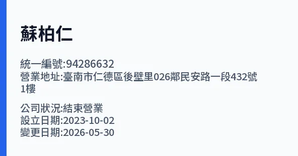 蘇柏仁的照片-統編 94286632(臺南市) 公司登記資料與營業項目詳細圖表