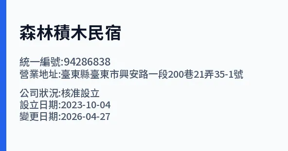 森林積木民宿的照片-統編 94286838(臺東縣) 公司登記資料與營業項目詳細圖表