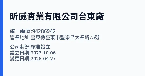 昕威實業有限公司台東廠的照片-統編 94286942(臺東縣) 公司登記資料與營業項目詳細圖表