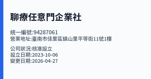 聊療任意門企業社的照片-統編 94287061(臺南市) 公司登記資料與營業項目詳細圖表