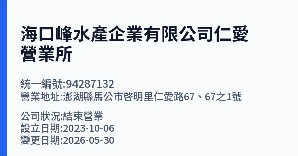 海口峰水產企業有限公司仁愛營業所的照片-統編 94287132(澎湖縣) 公司登記資料與營業項目詳細圖表