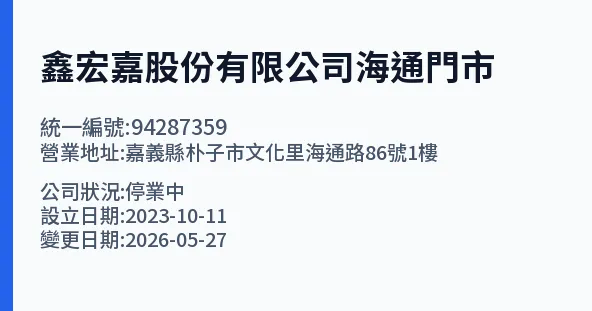 鑫宏嘉股份有限公司海通門市的照片-統編 94287359(嘉義縣) 公司登記資料與營業項目詳細圖表