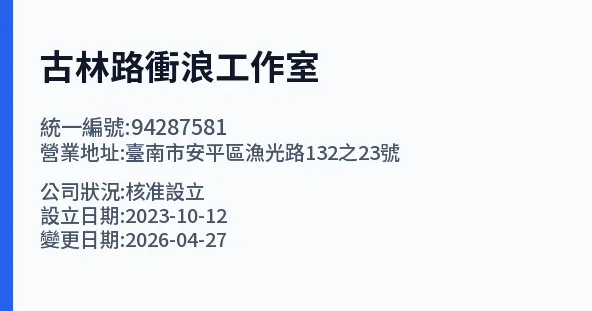 古林路衝浪工作室的照片-統編 94287581(臺南市) 公司登記資料與營業項目詳細圖表