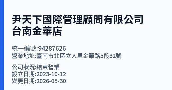 尹天下國際管理顧問有限公司台南金華店的照片-統編 94287626(臺南市) 公司登記資料與營業項目詳細圖表