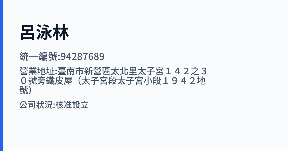 呂泳林 - 統編 94287689(臺南市) 公司登記資料與營業項目詳細圖表