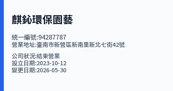 麒鈊環保園藝的照片-統編 94287787(臺南市) 公司登記資料與營業項目詳細圖表