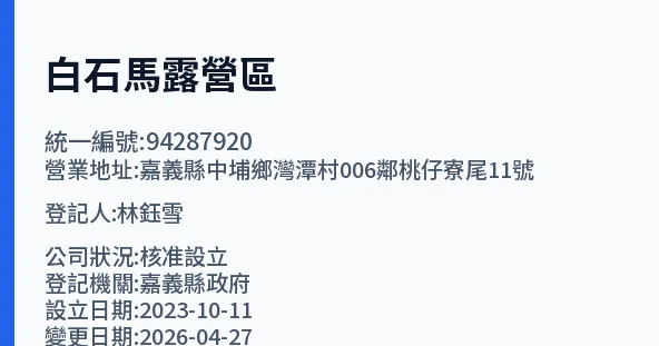 白石馬露營區的照片-統編 94287920(嘉義縣) 公司登記資料與營業項目詳細圖表