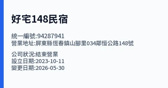 好宅148民宿的照片-統編 94287941(屏東縣) 公司登記資料與營業項目詳細圖表