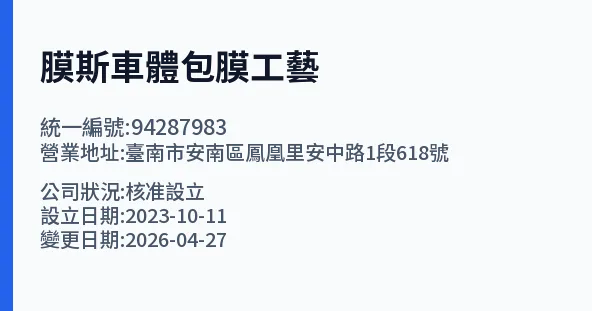 膜斯車體包膜工藝的照片-統編 94287983(臺南市) 公司登記資料與營業項目詳細圖表