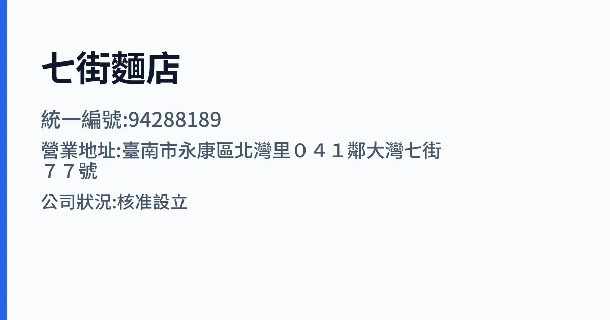 七街麵店 - 統編 94288189(臺南市) 公司登記資料與營業項目詳細圖表