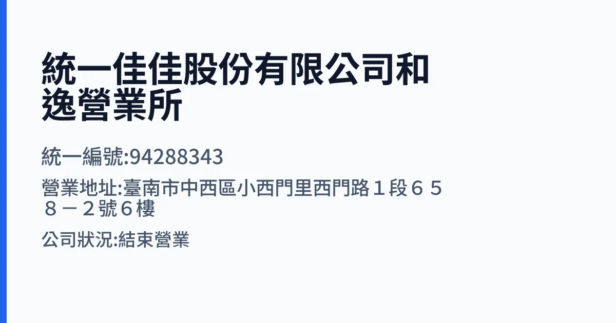 統一佳佳股份有限公司和逸營業所 - 統編 94288343(臺南市) 公司登記資料與營業項目詳細圖表