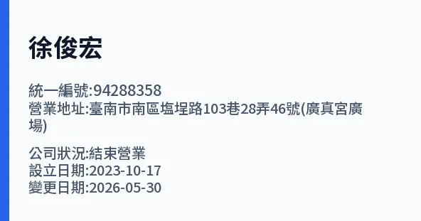 徐俊宏的照片-統編 94288358(臺南市) 公司登記資料與營業項目詳細圖表