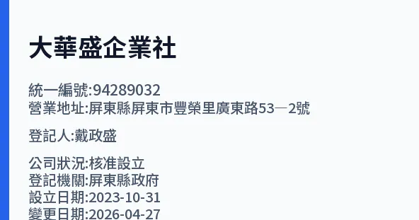 大華盛企業社的照片-統編 94289032(屏東縣) 公司登記資料與營業項目詳細圖表