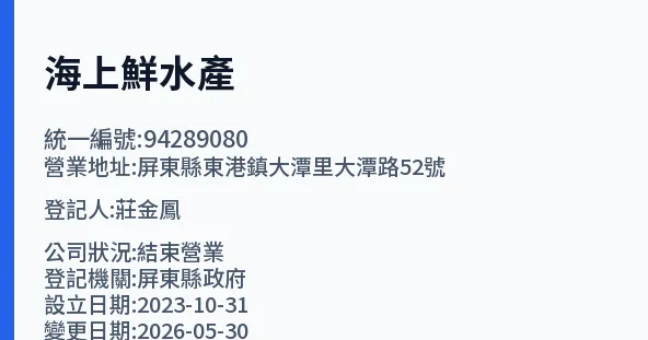 海上鮮水產的照片-統編 94289080(屏東縣) 公司登記資料與營業項目詳細圖表