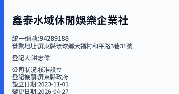 鑫泰水域休閒娛樂企業社的照片-統編 94289188(屏東縣) 公司登記資料與營業項目詳細圖表