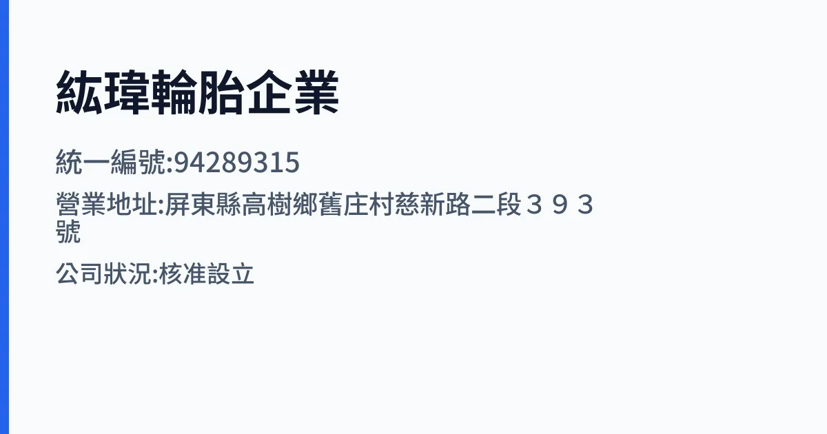 紘瑋輪胎企業 - 統編 94289315(屏東縣) 公司登記資料與營業項目詳細圖表