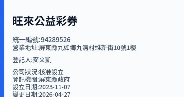 旺來公益彩券的照片-統編 94289526(屏東縣) 公司登記資料與營業項目詳細圖表